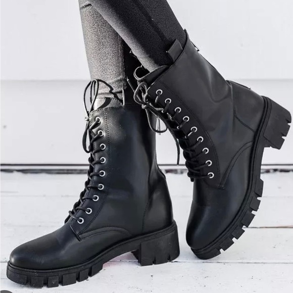 Pink Lily | Shoes | Trina Black Leather Combat Boots By Pink Lily ...